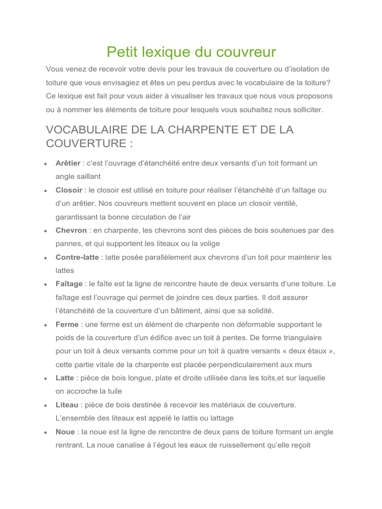 Petit Lexique Du Couvreur | PDF