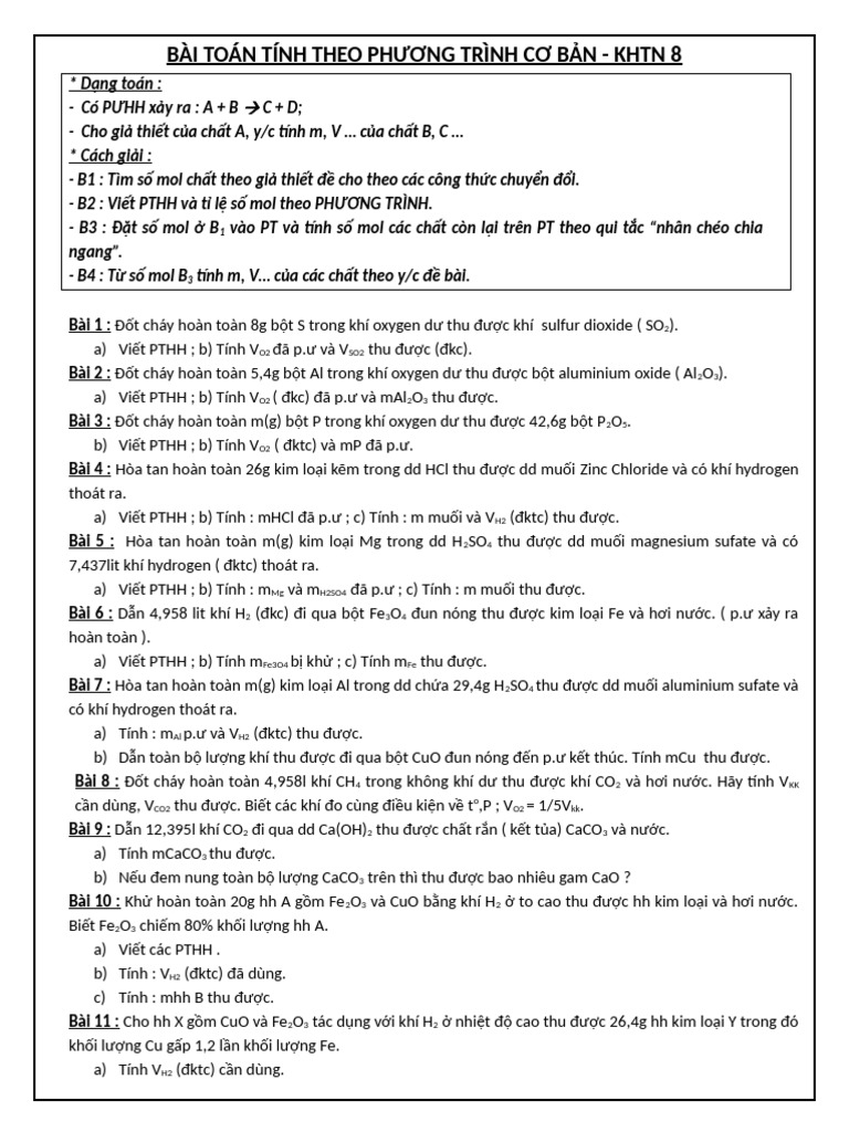 Bài Toán Tính Theo PTHH 8 | PDF