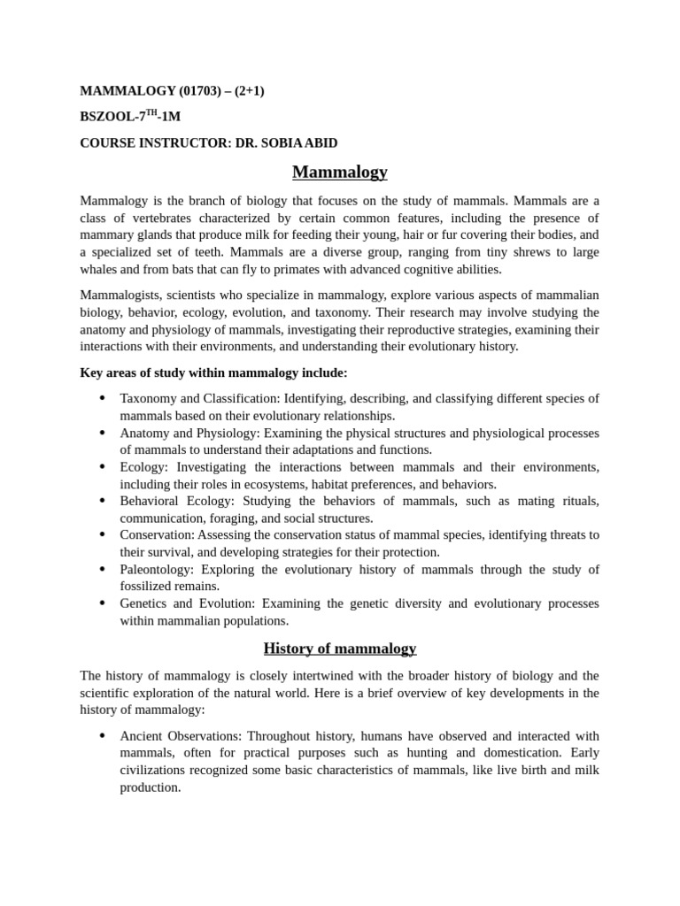 Mammalogy Lectures | PDF