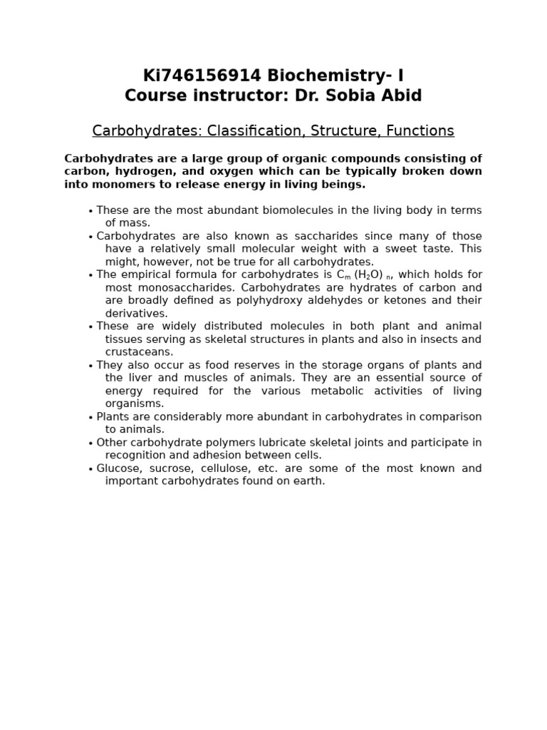 Biochemistry - I (Carbohydrates) | PDF