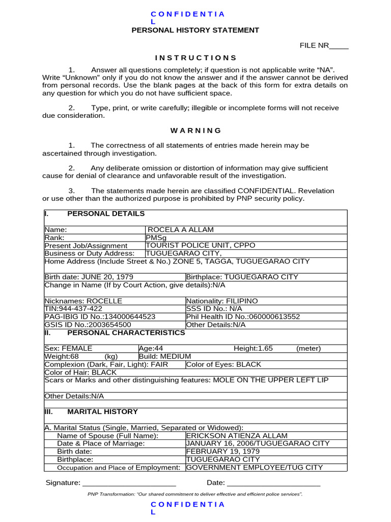 Personal History Statement 1 | PDF