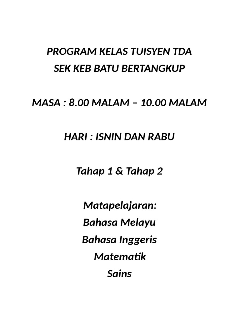 Program Kelas Tuisyen Tda | PDF