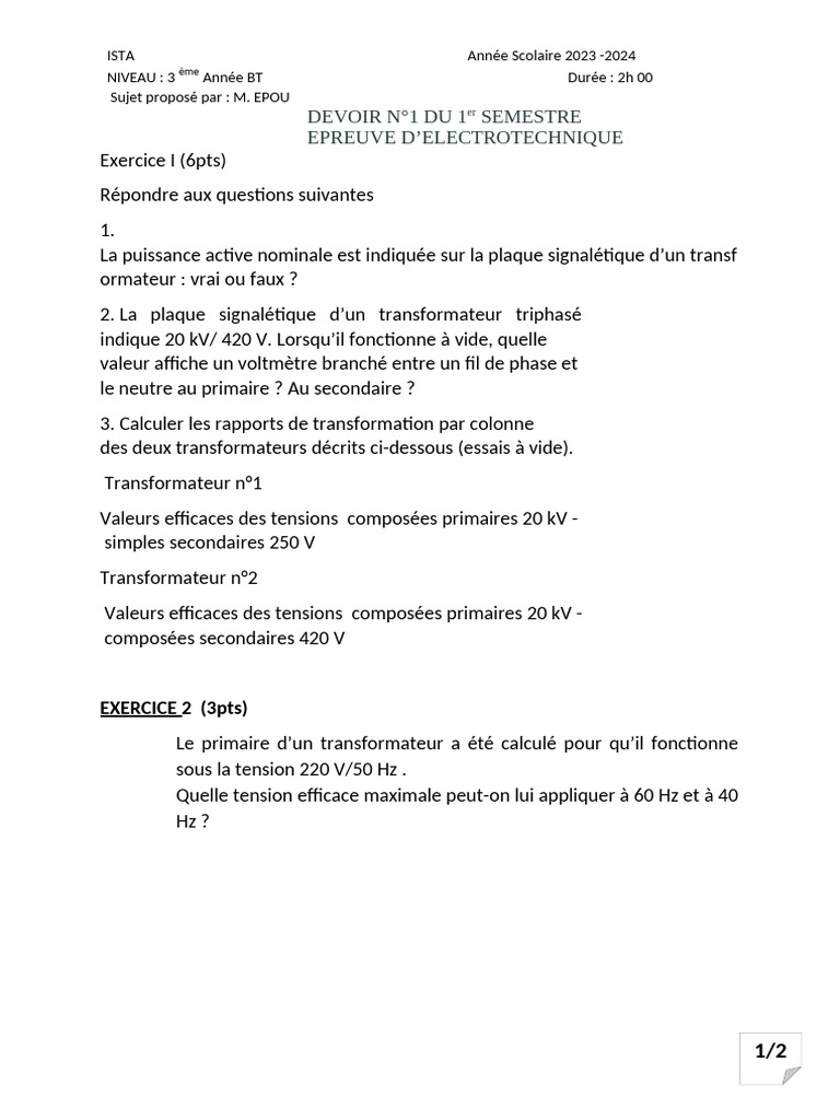 Ista Kara 2023-2024 Devoir Electrotechnique Bt3 El | PDF