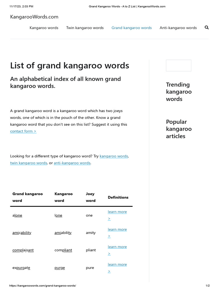 Grand Kangaroo Words - A To Z List | PDF