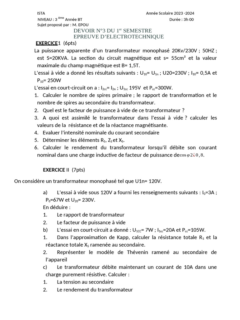 ISTA Devoir N°3 BT3 | PDF