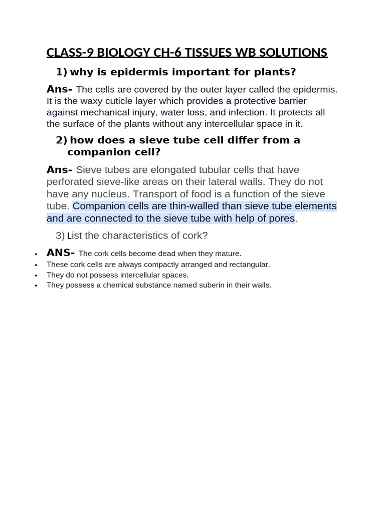 Class9 Bio ch-6 Tissues WB Sol | PDF