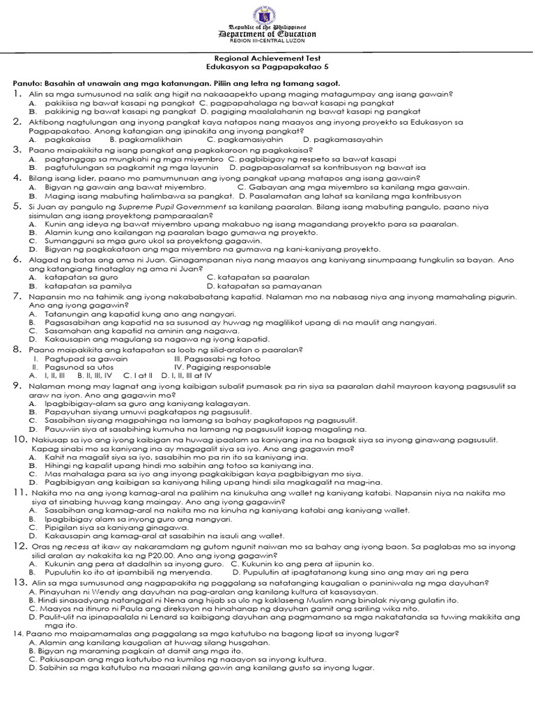Regional Achievement Test in EsP 5 | PDF