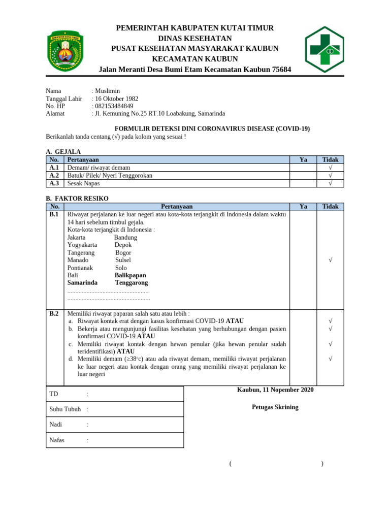 Form Skrining Covid-19 | PDF