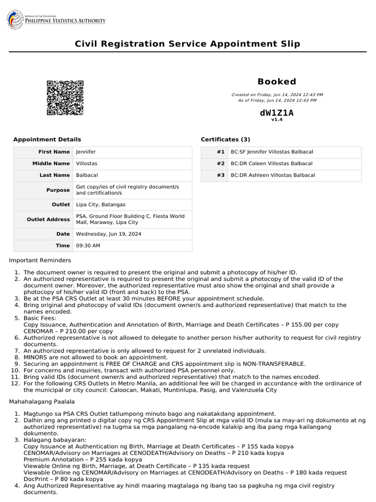 Civil Registration Service Appointment Slip: dW1Z1A | PDF