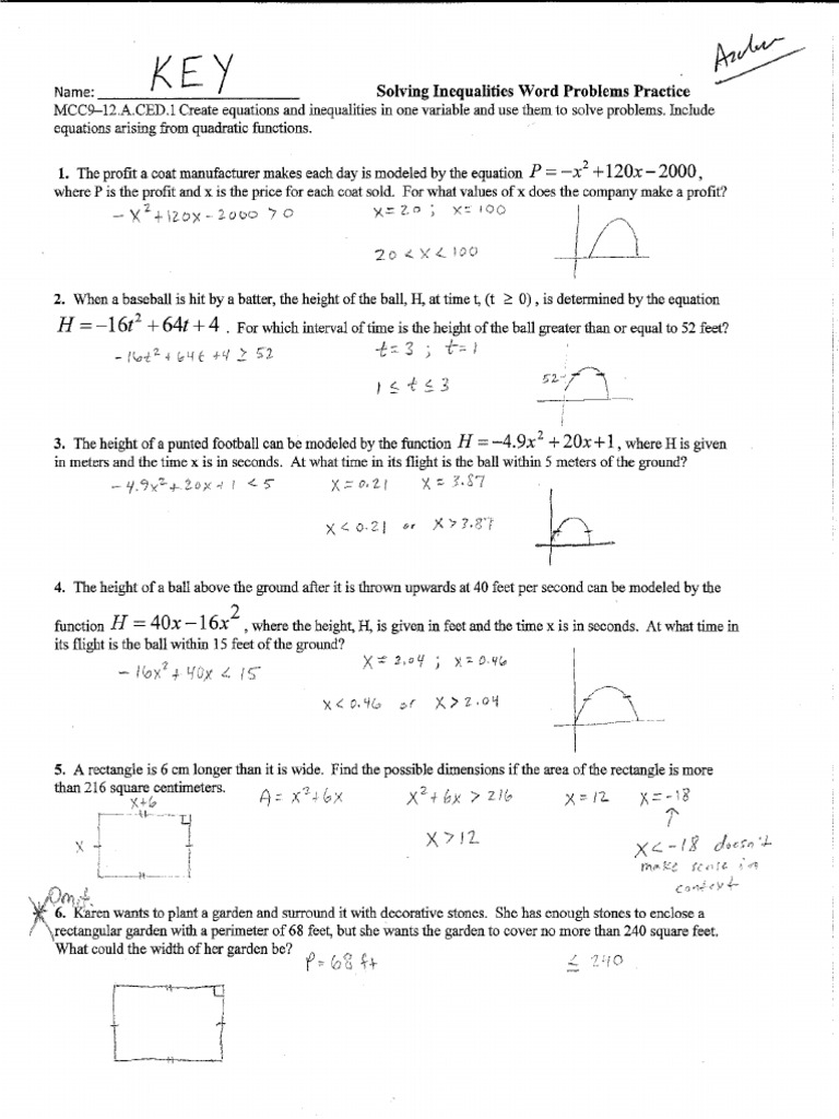 Solving Quadratic Inequalities Answer Key | PDF