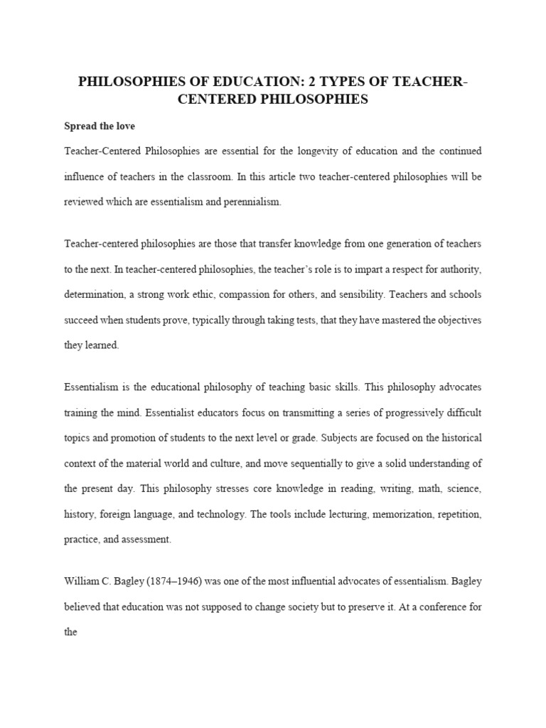 PHILOSOPHIES OF EDUCATION- 2 TYPES OF TEACHER-CENTERED PHILOSOPHIES | PDF