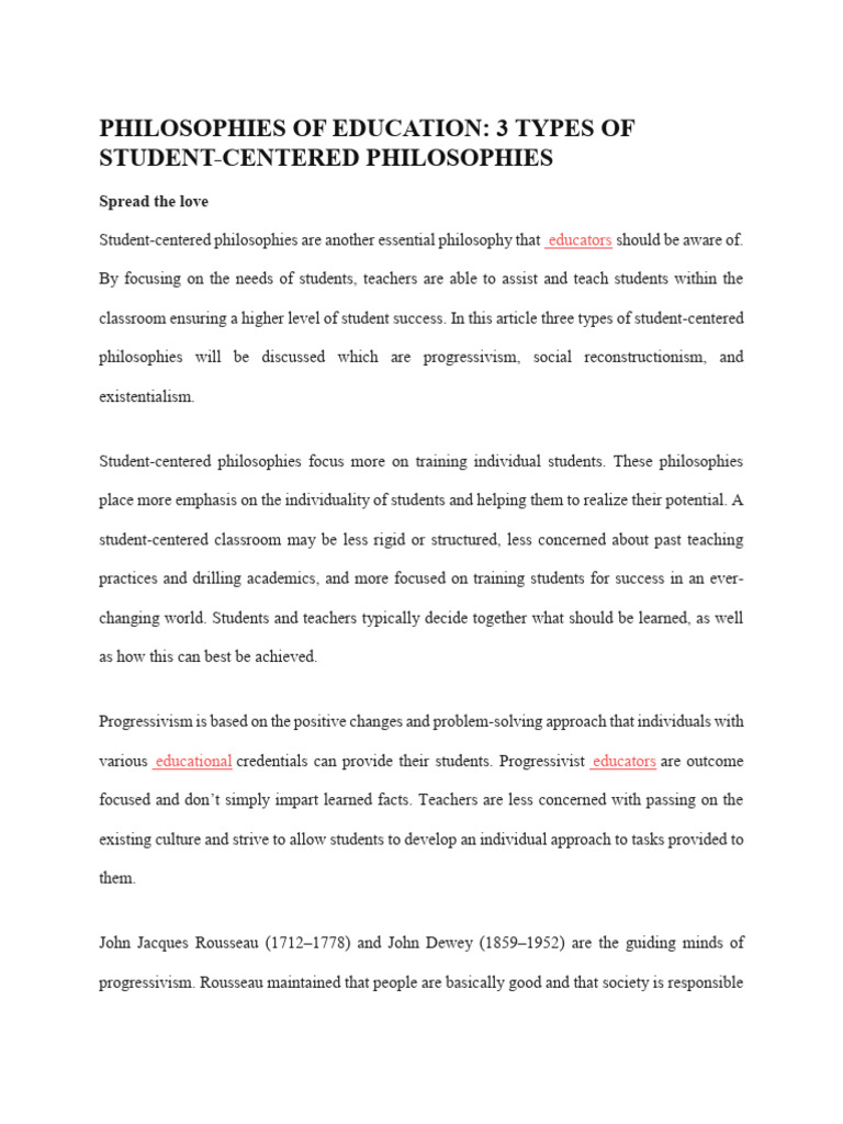 Philosophies of Education - 3 Types of Student-Centered Philosophies | PDF