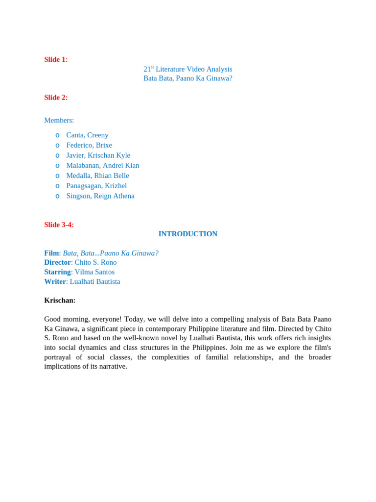 Script 21st Literature Video Analysis | PDF