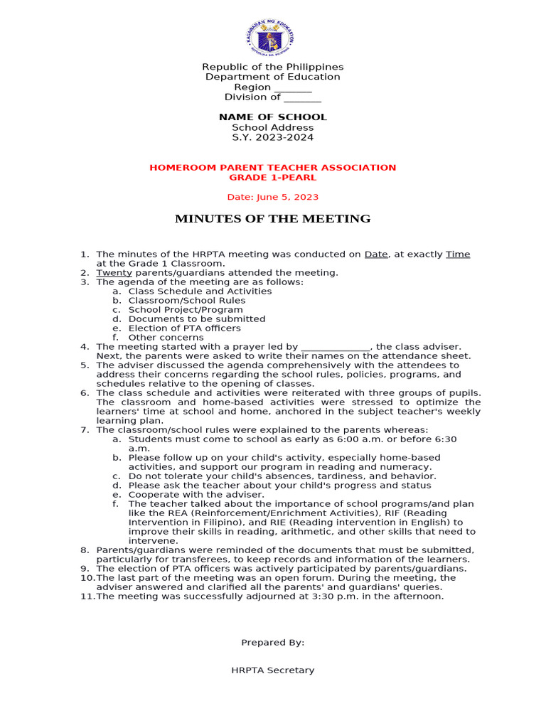 HPTA.Minutes-of-the-Meeting.Sample | PDF