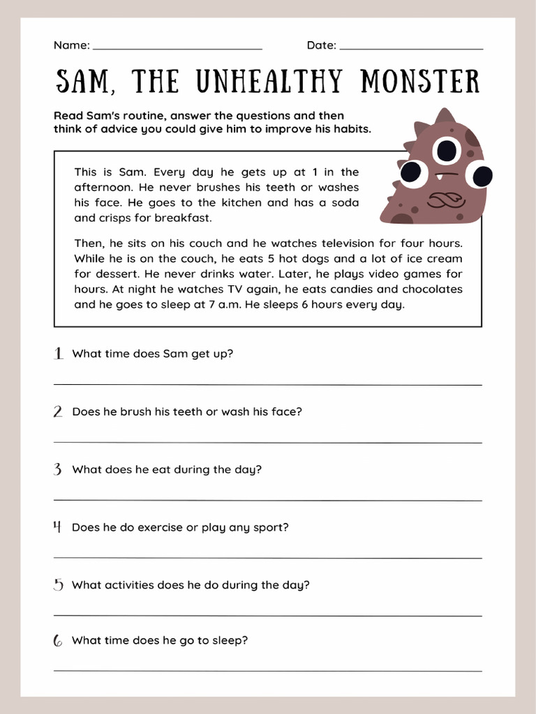 The Unhealthy Monster Reading Comprehension Worksheet | PDF