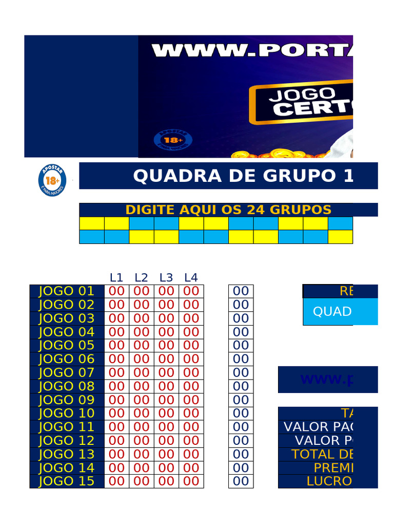 Jogo Do Bicho Quadra de Grupo - 24 Grupos - 66 Jogos | PDF