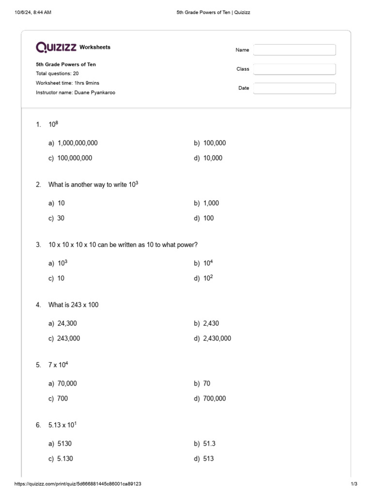 5th Grade Powers of Ten _ Quizizz | PDF