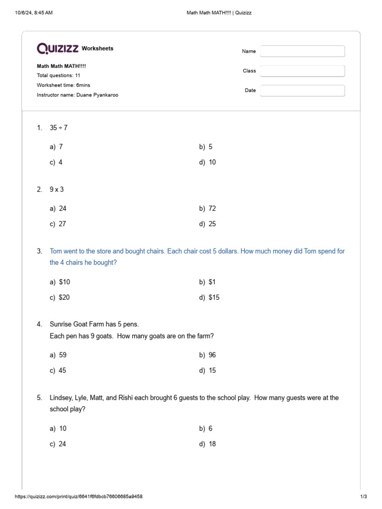 Math Math MATH!!!! - Quizizz | PDF