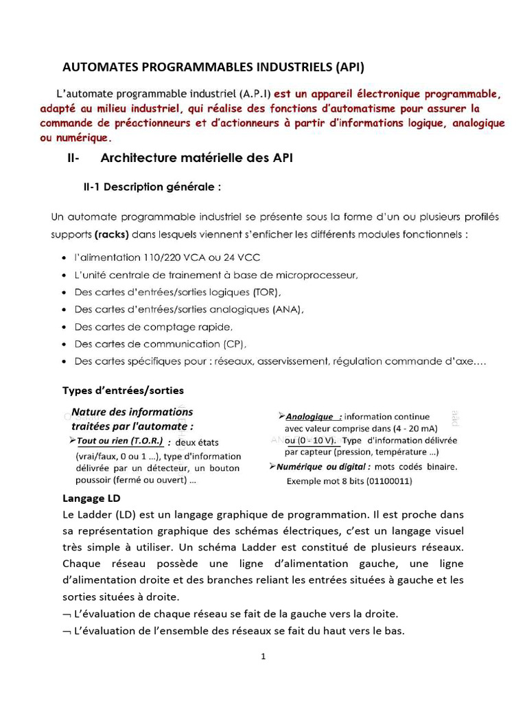 Automates Programmables Industriels (Api) : Types D'entrées/sorties | PDF