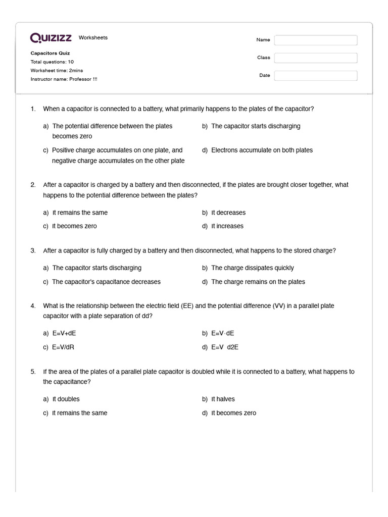 Capacitors Quiz | PDF