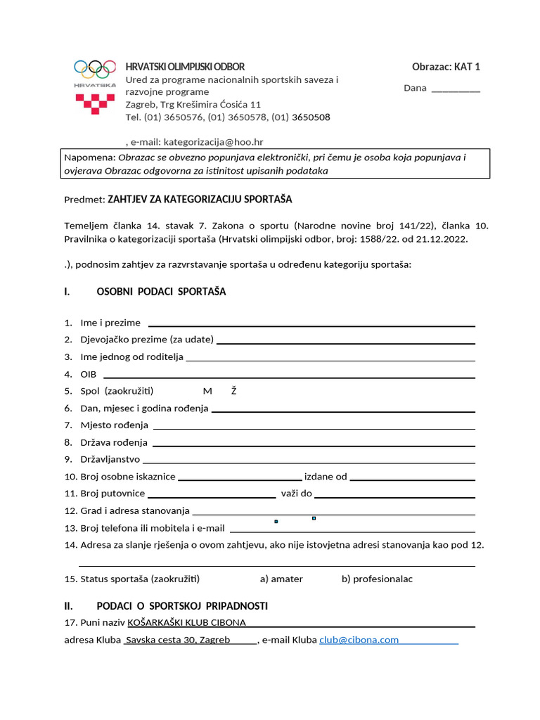 Zahtjev Za Kategorizaciju-2023 | PDF
