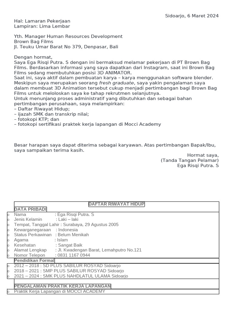 Surat Lamarat Pekerjaan Dan CV Ega | PDF