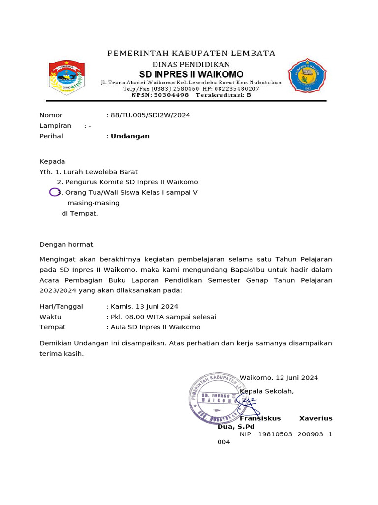 SURAT UNDANGAN Bagi Rapor 2023 - 2024 Genap | PDF