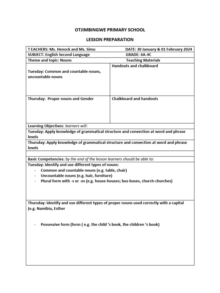 English Less Plan | PDF | Noun | Language Mechanics