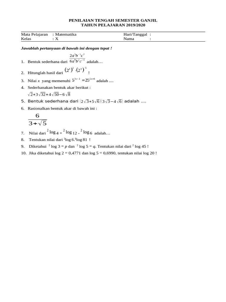 Soal PTS MTK X | PDF