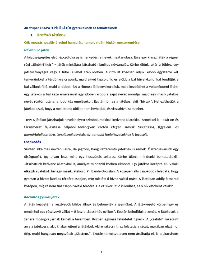 40 Szuper CSAPATÉPÍTŐ JÁTÉK Gyerekeknek És Felnőtteknek | PDF