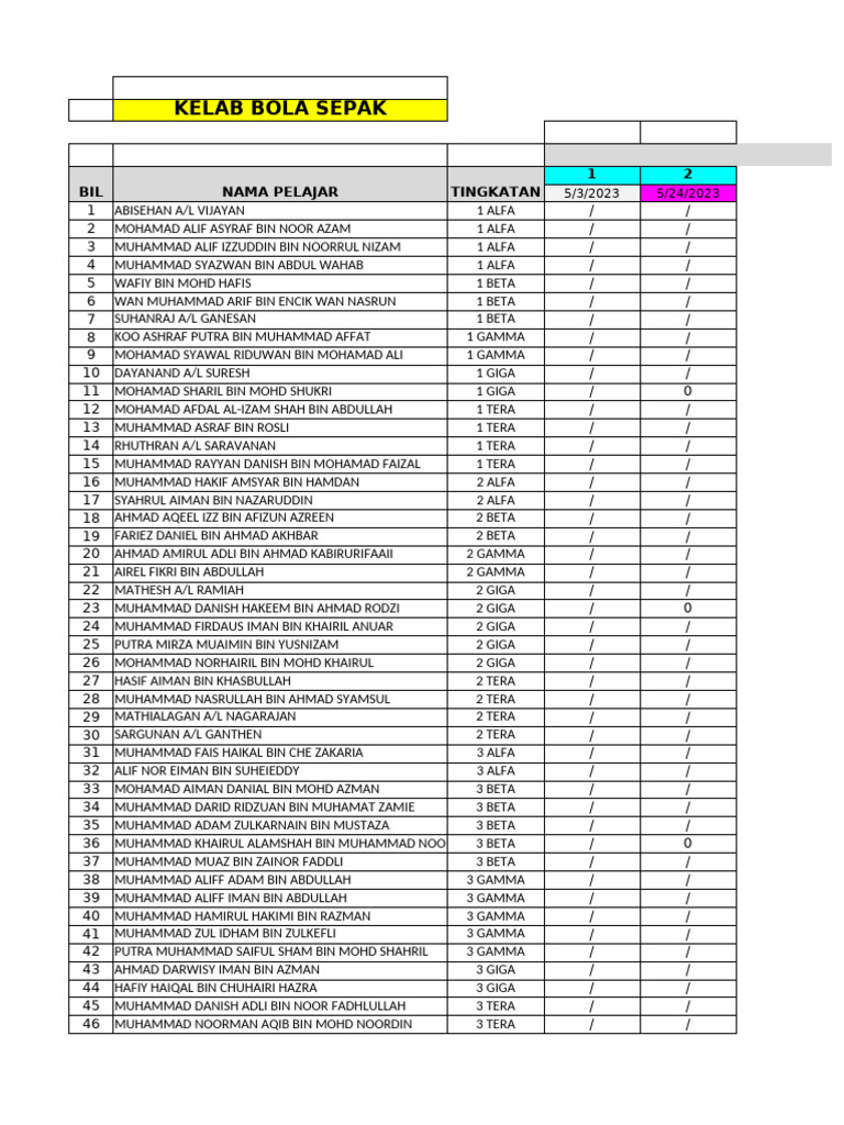 Contoh Borang Kehadiran Kelab Bola Sepak Pengurusan Fail | PDF | Malaysia | Onomastics