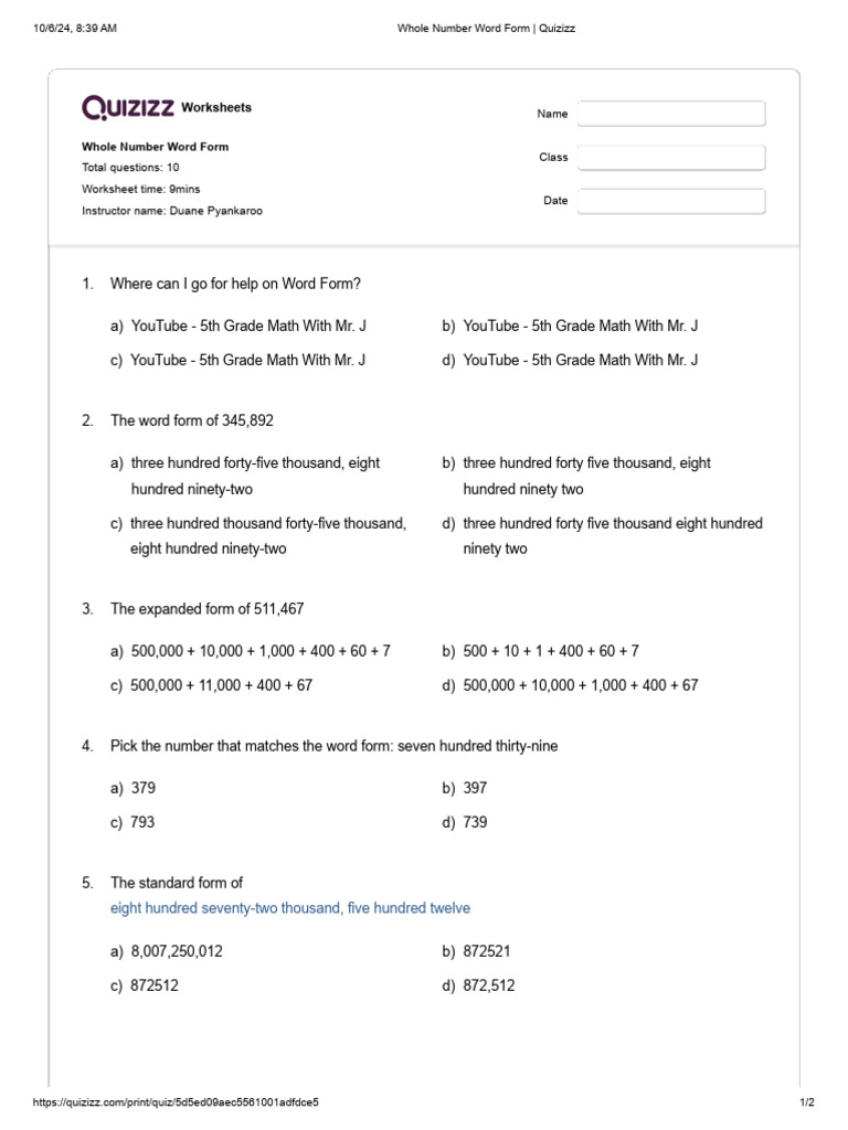 Whole Number Word Form _ Quizizz | PDF
