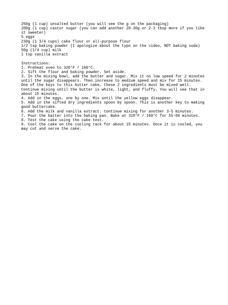 Butter Cake Receipt | PDF