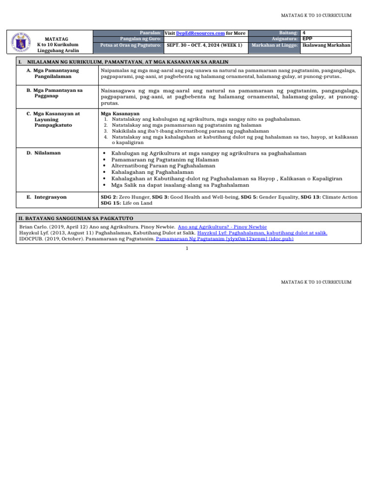 DLL Matatag - Epp 4 q2 w1 | PDF