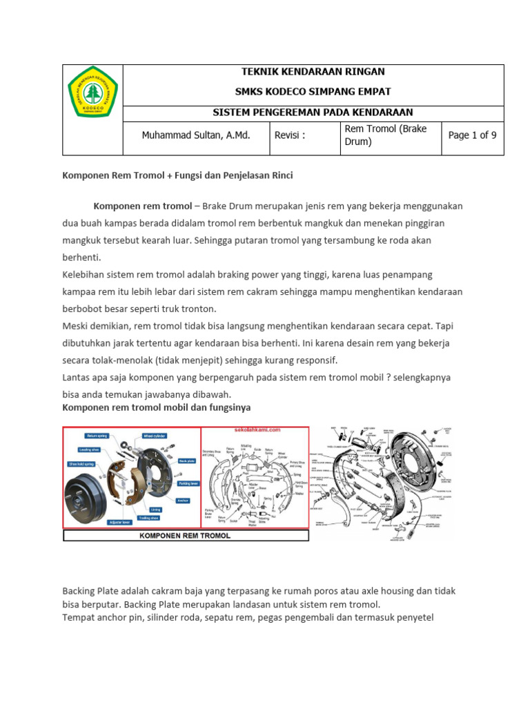 Komponen dan Fungsi Rem Tromol Mobil | PDF | Transportation Engineering ...