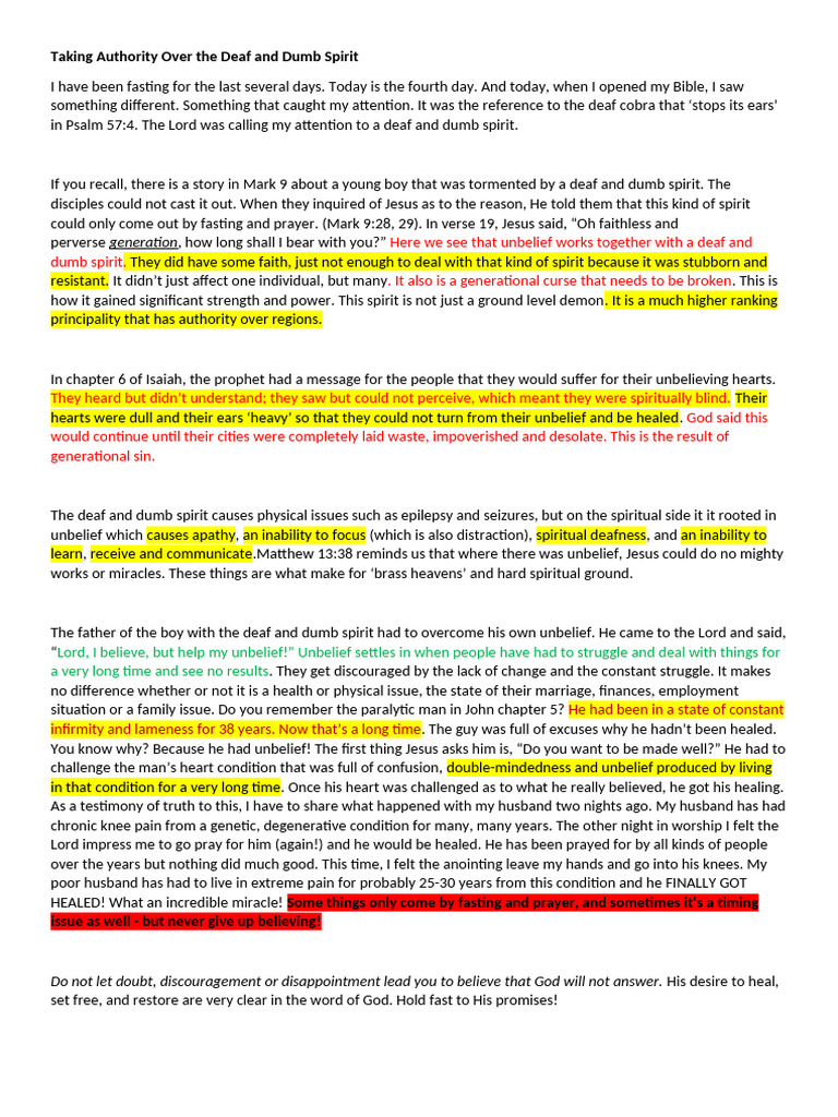 Taking Authority Over The Deaf and Dumb Spirit | PDF