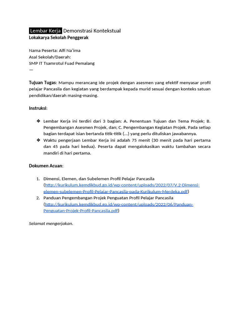 Lembar Kerja Demonstrasi Kontekstual - Merancang Projek - ALFI NA'IMA | PDF