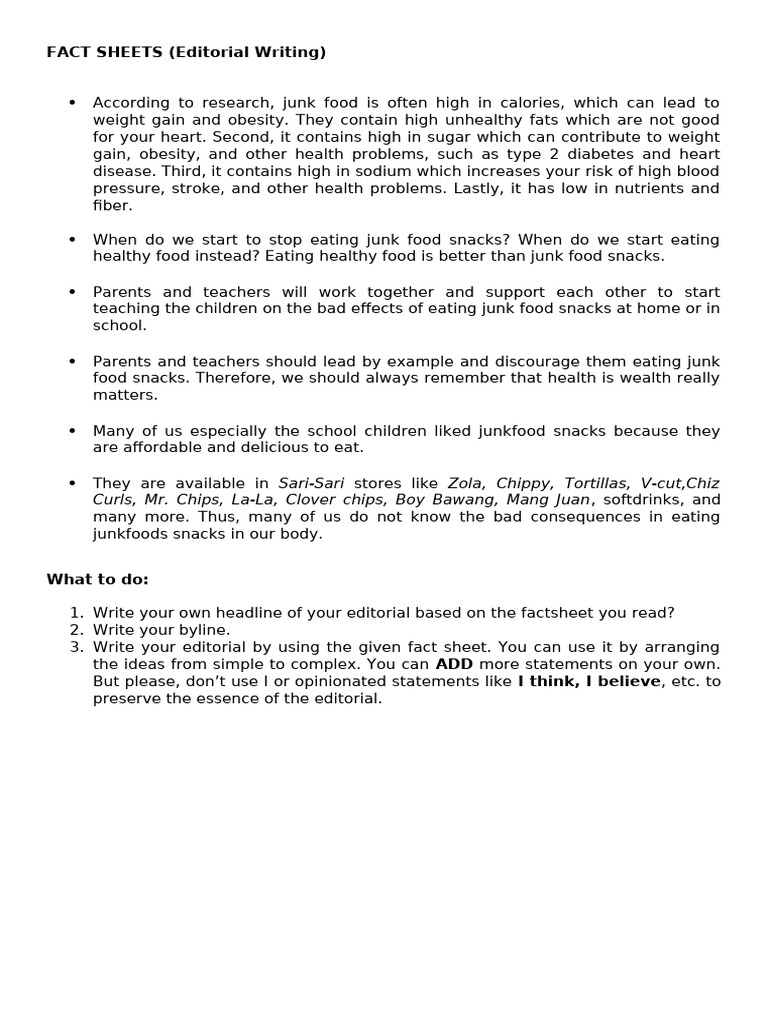 FACT SHEETS-Editorial Writing-2024 | PDF | Junk Food | Science ...
