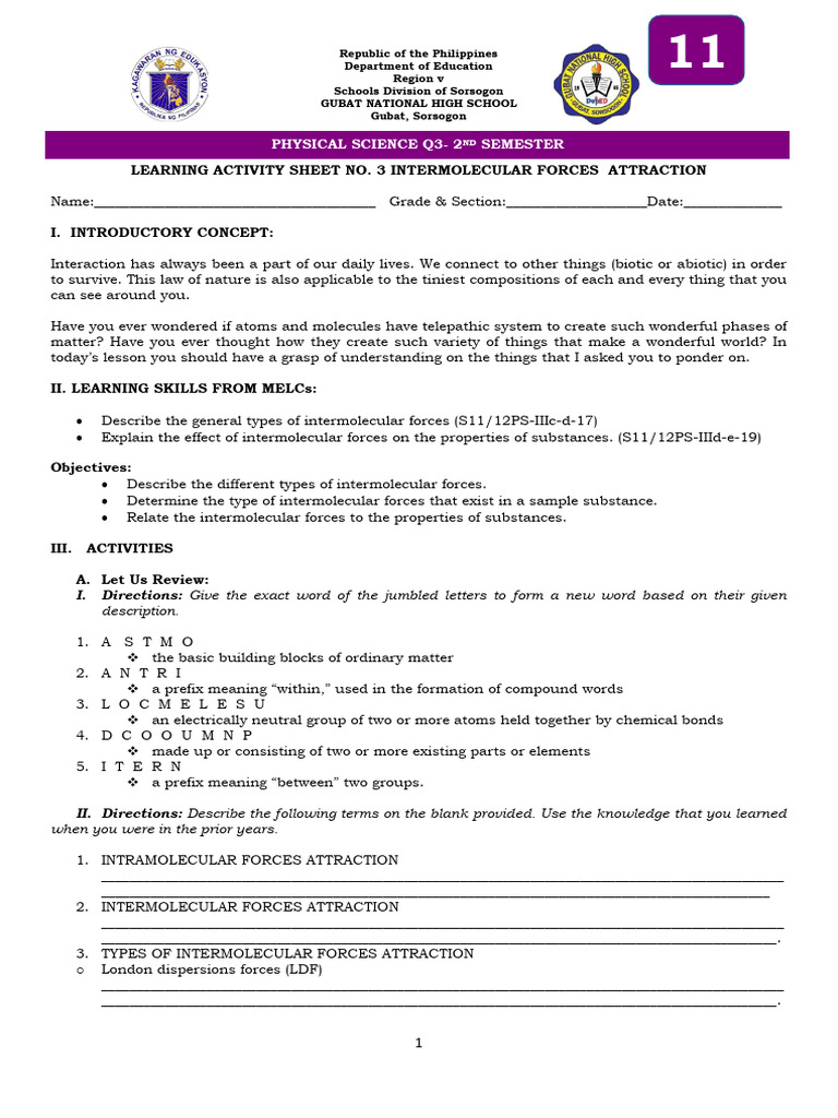 Physical Science Las 3 - Intermolecular Forces Attraction1 | PDF