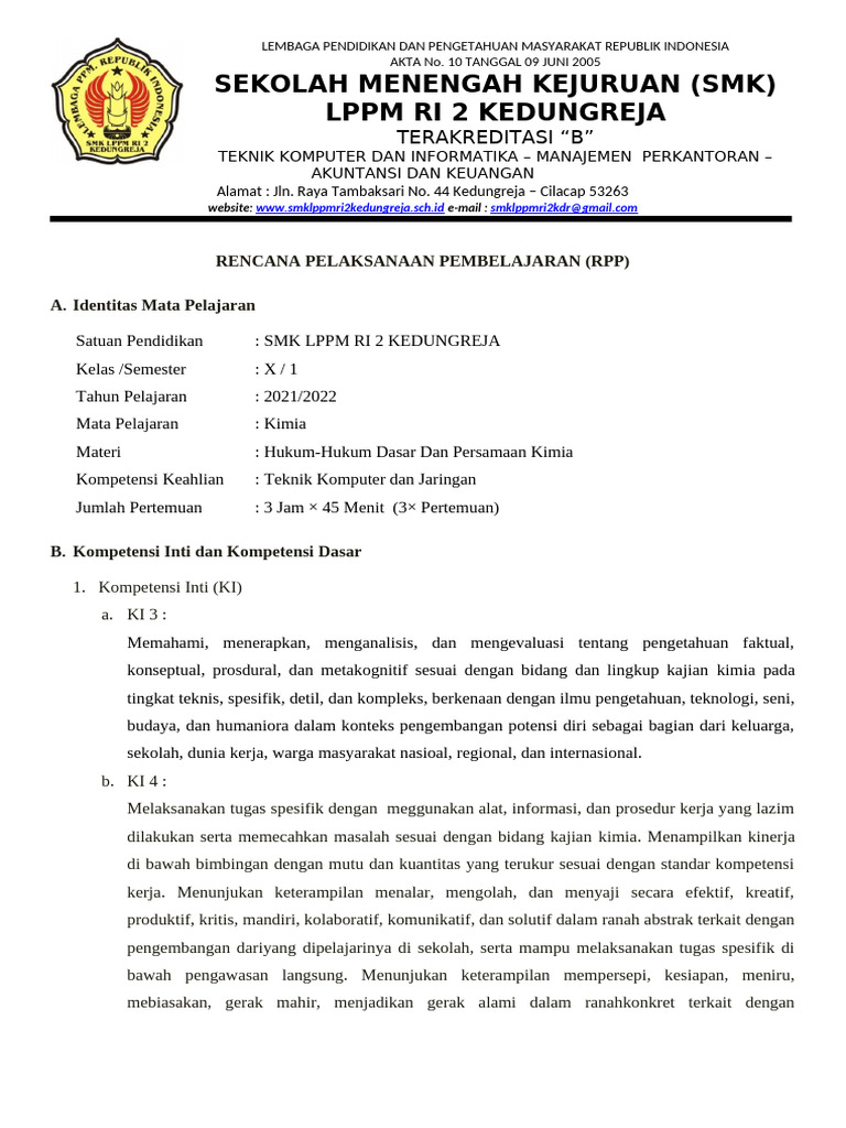 RPP Kimia Teknik Kelas X E KTSP | PDF