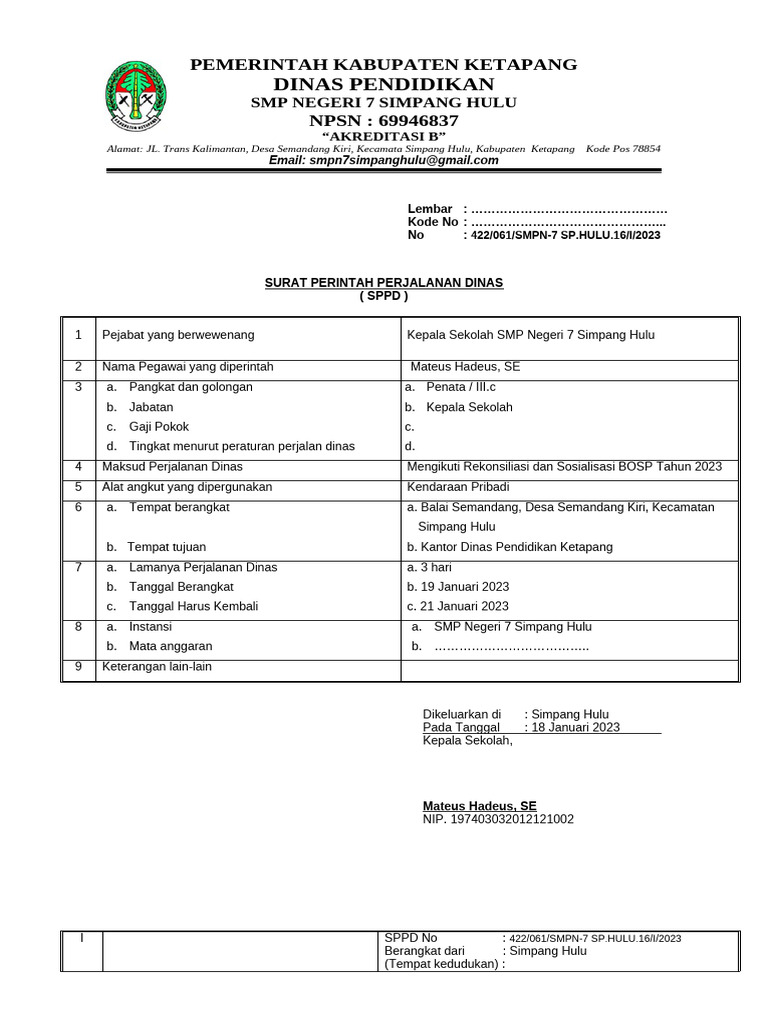 SPPD Kepsek Sosialisai BOS, JANUARI 2023 | PDF