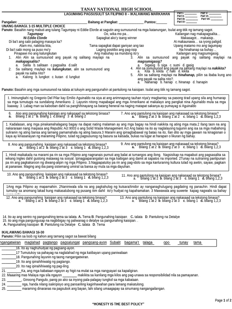 2nd Quarter Periodical Exam Fil8 | PDF | Philippines | Career & Growth