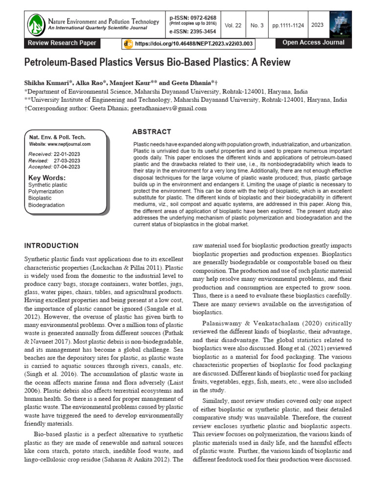 Petroleum-Based Plastics Versus Bio-Based Plastics | PDF