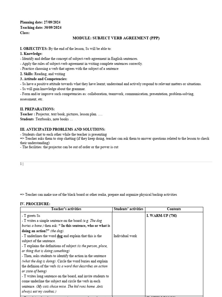 Lesson Plan Subject-Verb Agreement | PDF
