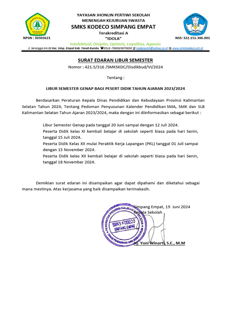 Surat Edaran Libur Semester Genap Ta. 2023-2024 | PDF