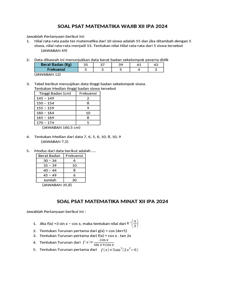 Soal Psat Mat Wajib + Minat 2024 | PDF