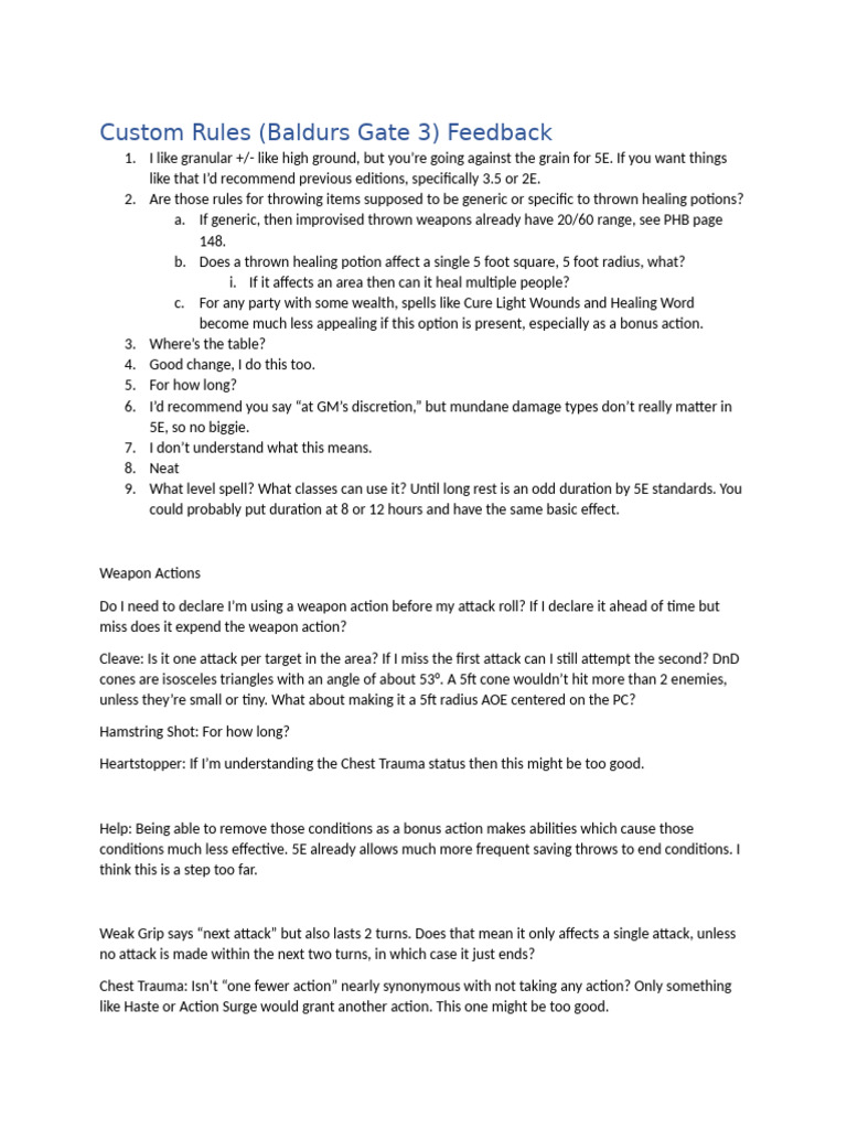 Custom Rules - Baldurs Gate 3 - Feedback | PDF