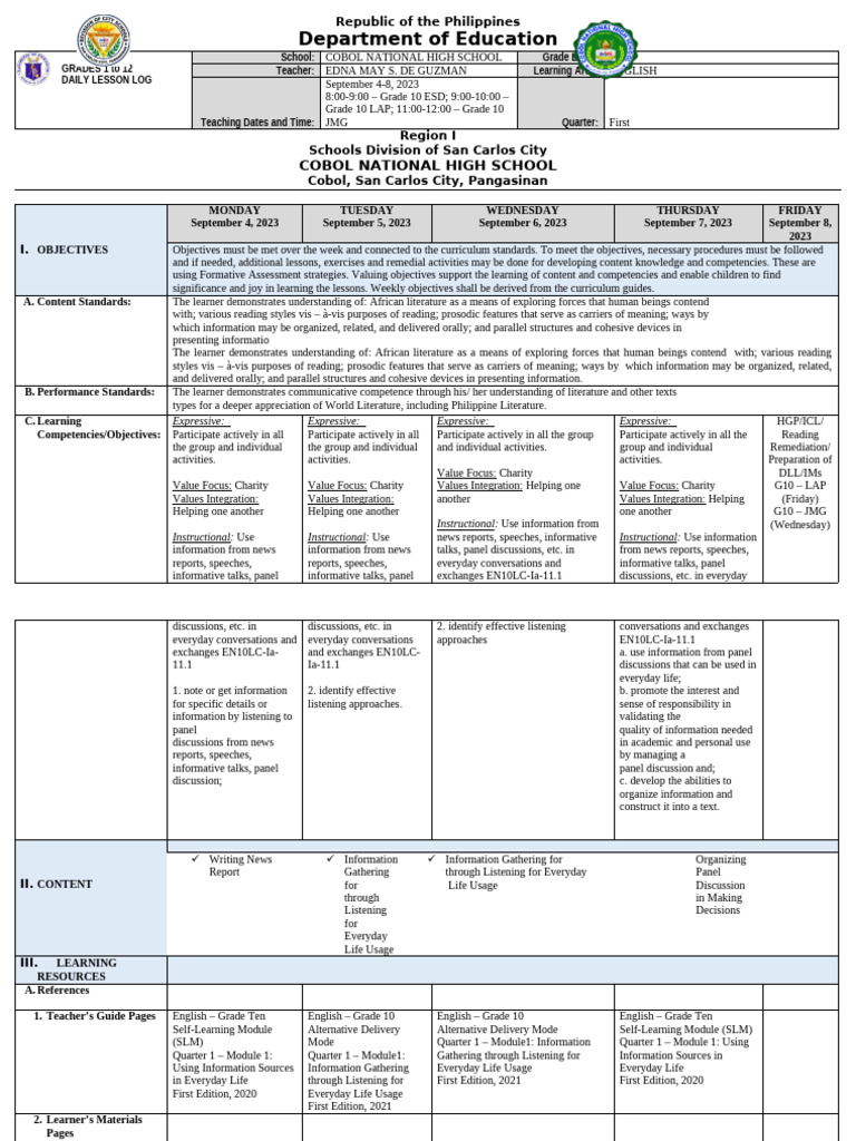 Q1-DLL-Week2 (September 4-8, 2023) | PDF