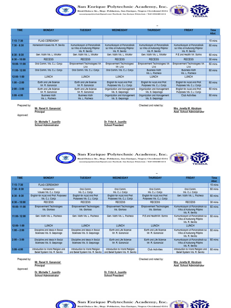SENIOR HIGH SCHOOL CLASS SCHEDULES | PDF