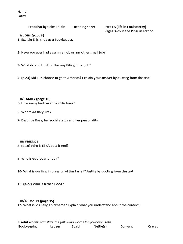 BROOKLYN - Reading Sheet | PDF